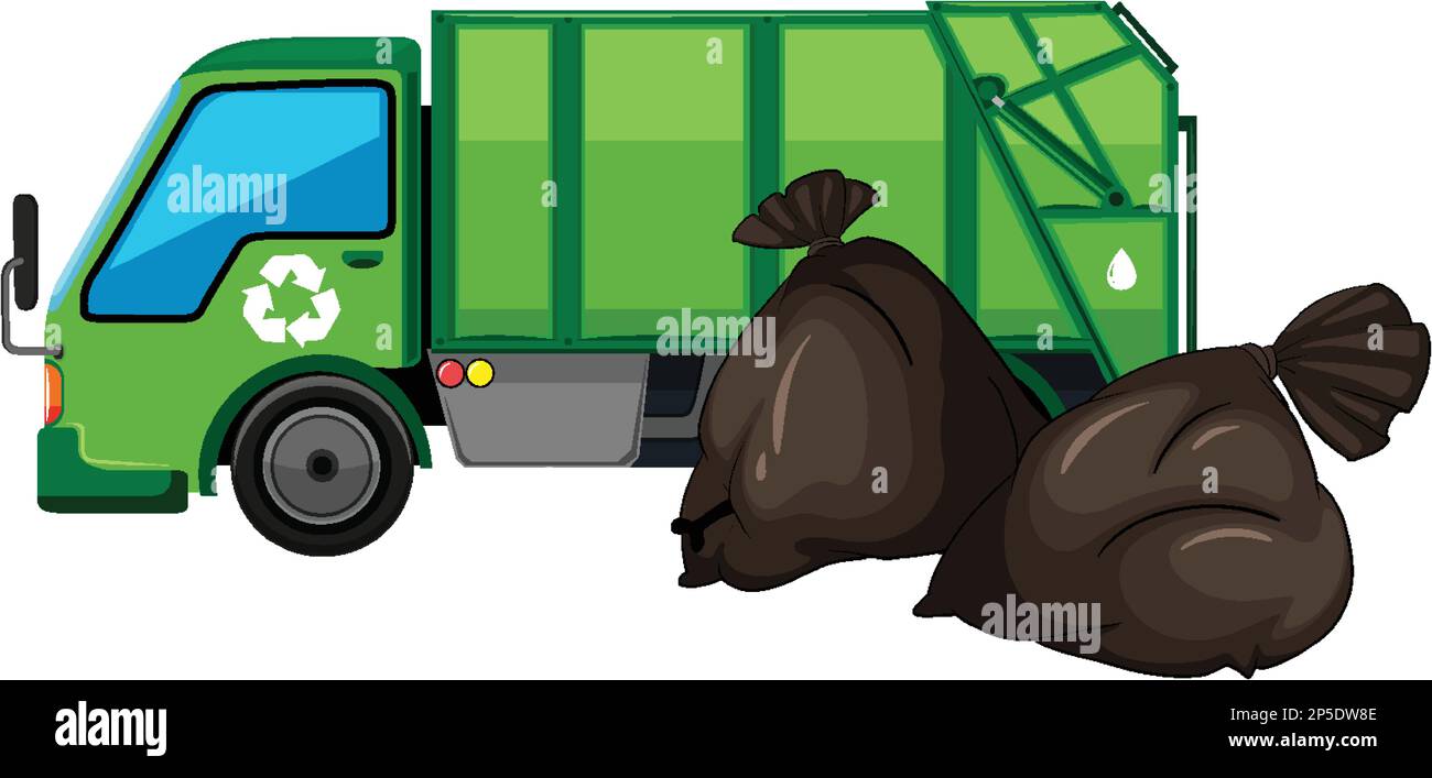 Garbage truck in green color with trash bag illustration Stock Vector ...