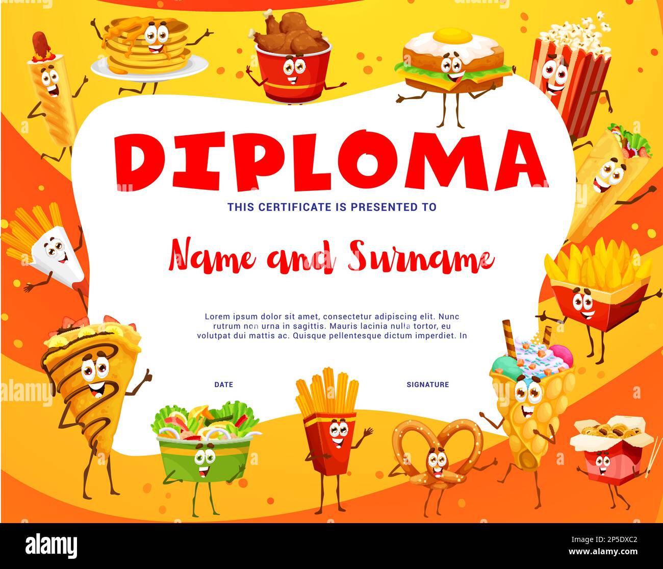 Kids diploma. Cartoon funny fast food characters. School education ...