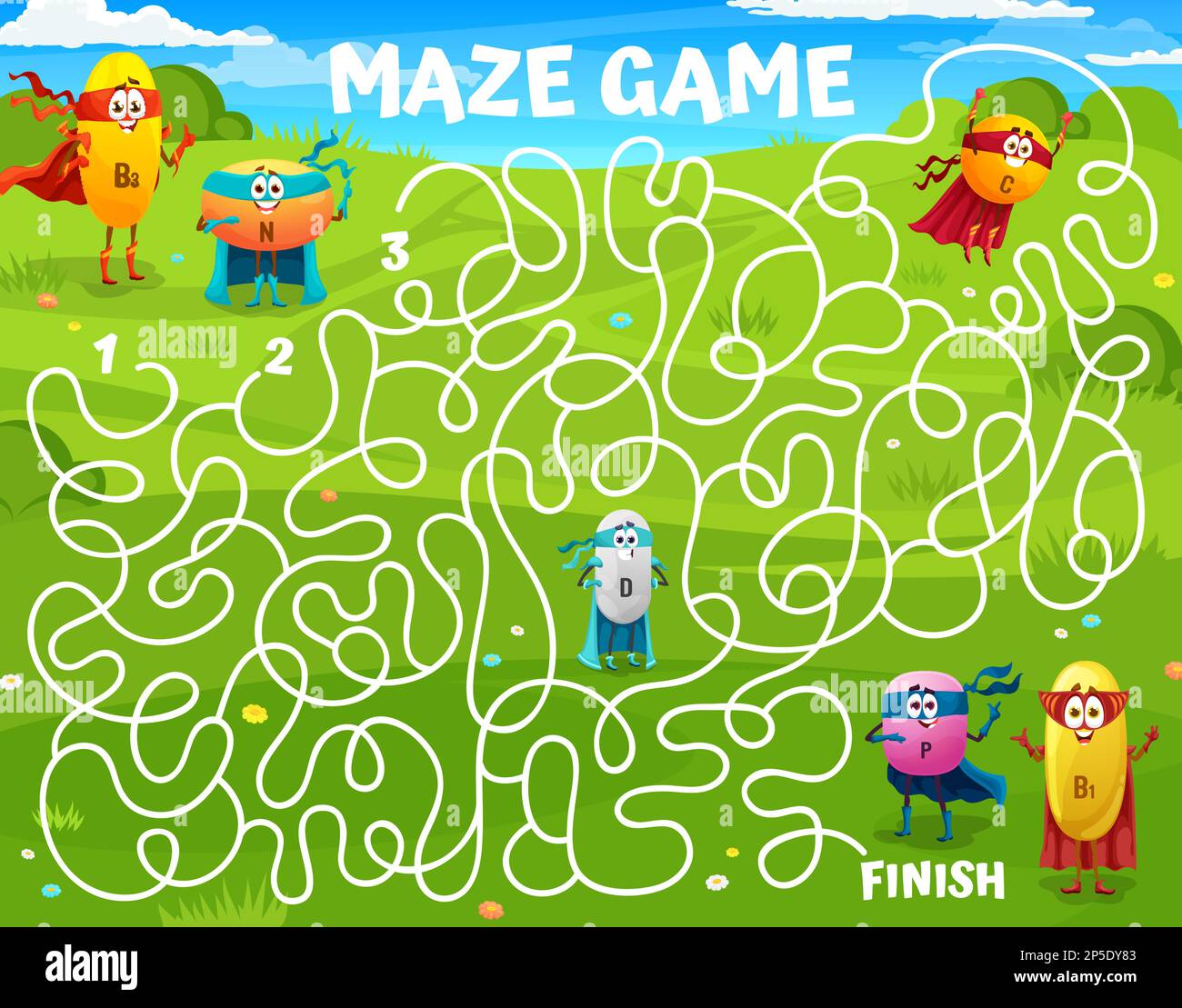 Labyrinth maze. Cartoon cheerful superhero vitamin characters. Search ...