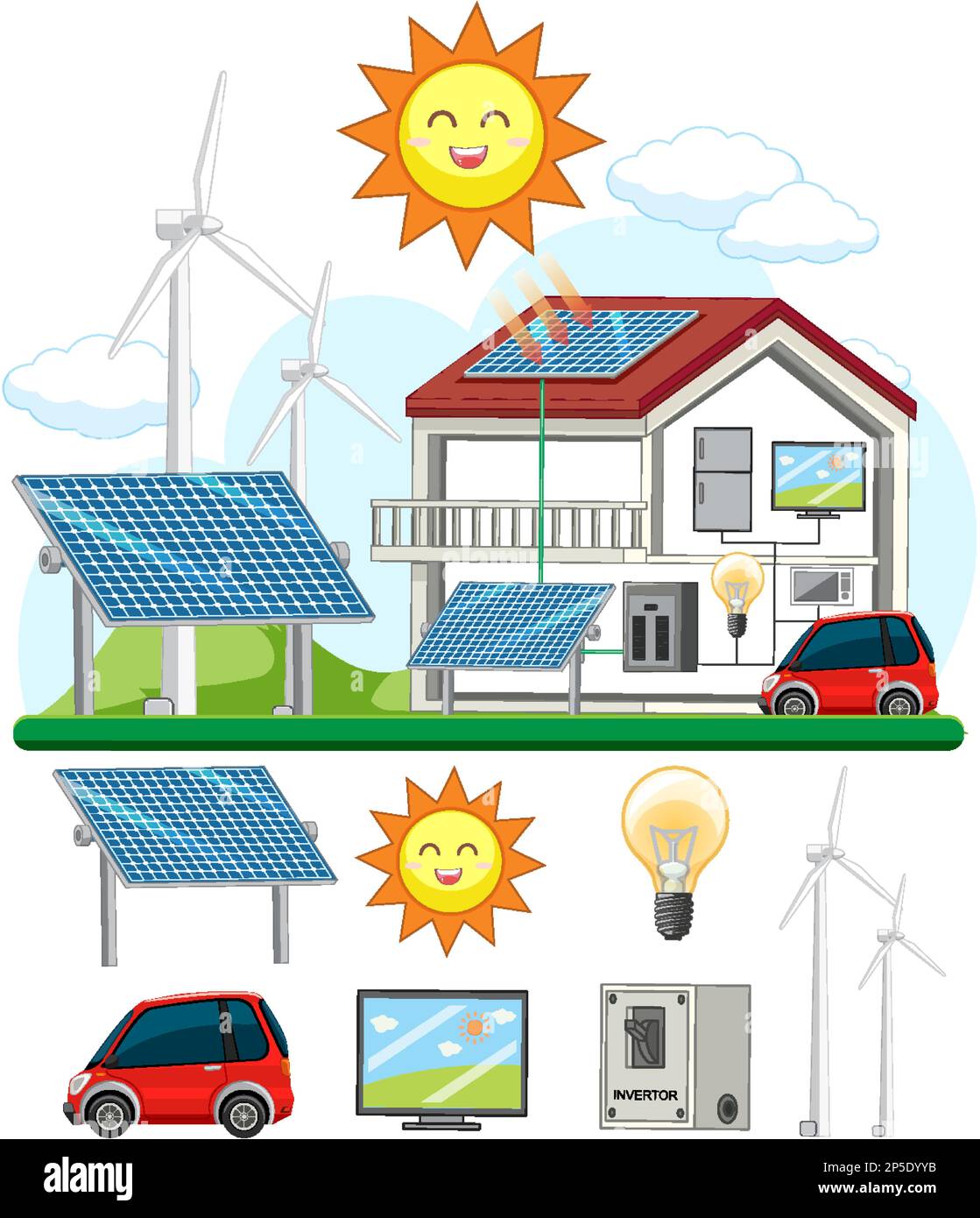 Green energy concept with solar panels and wind turbines illustration ...