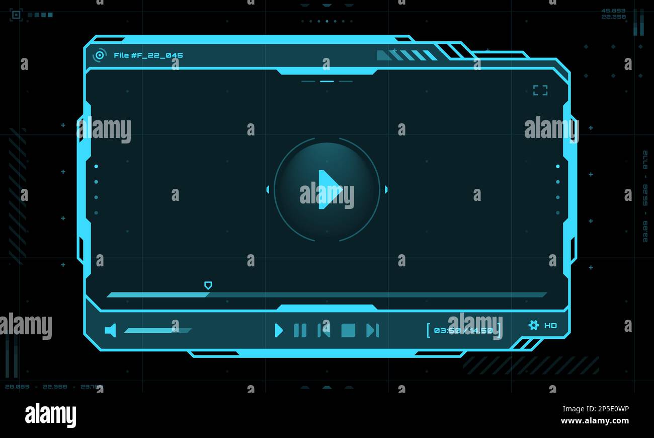 HUD video player screen interface and UI frame, vector futuristic template for live stream play ...
