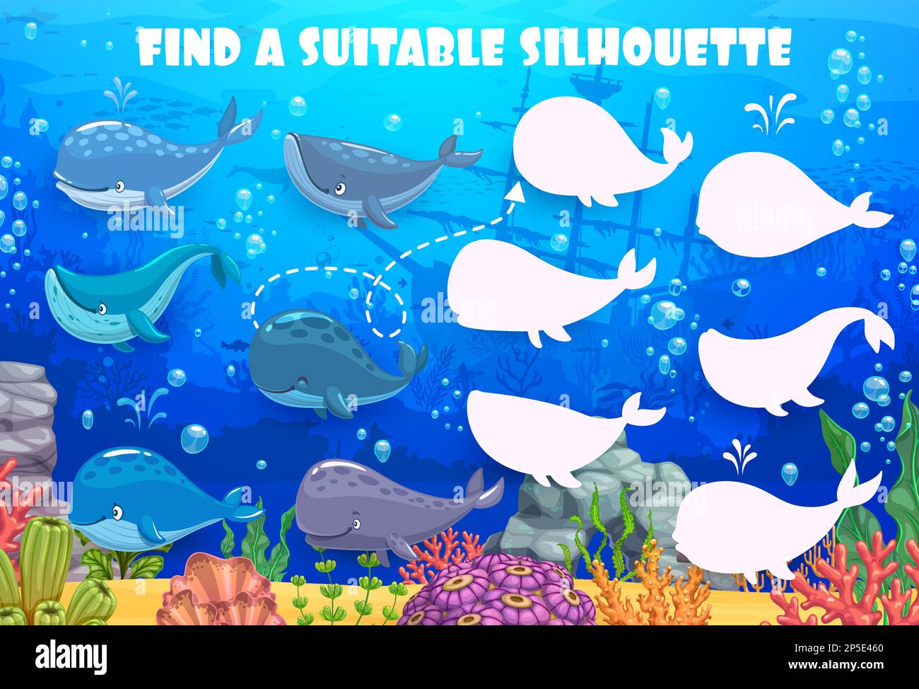Cartoon underwater landscape. Find a correct silhouette of whale and ...