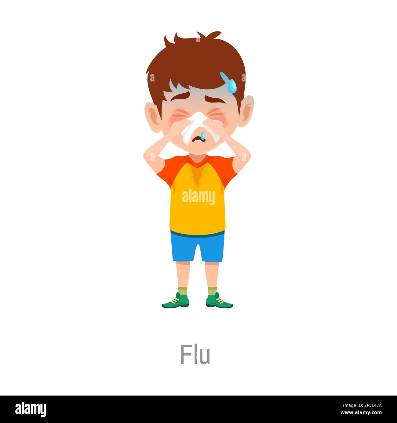 Child with flu disease. Isolated vector sick boy with fever and runny nose. Seasonal cold, viral ...