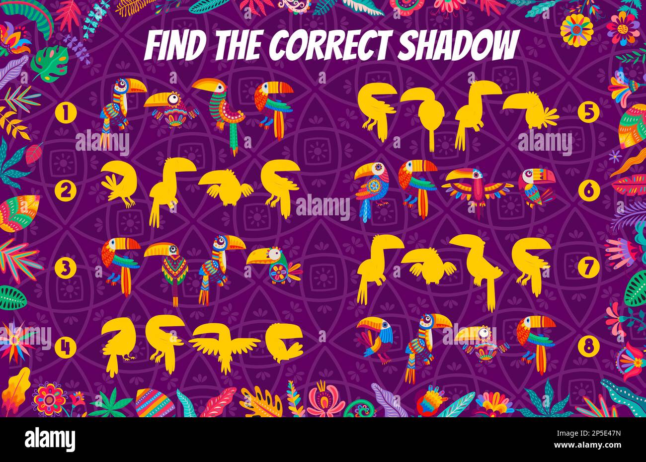 Find correct shadow of cartoon Brazilian and Mexican toucan birds ...