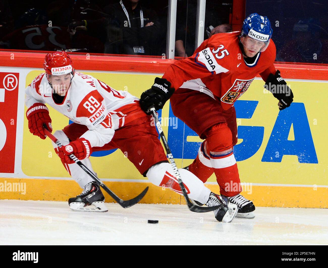 Denmark's Mikkel Boedker, left, and Czech Jan Hejda during the 2013 Ice ...