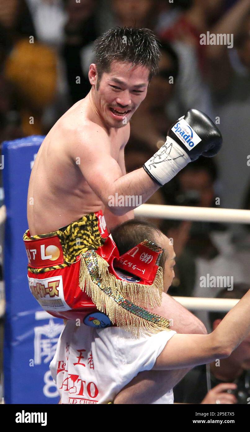 Japanese WBA minimumweight champion Ryo Miayazaki celebrates after ...