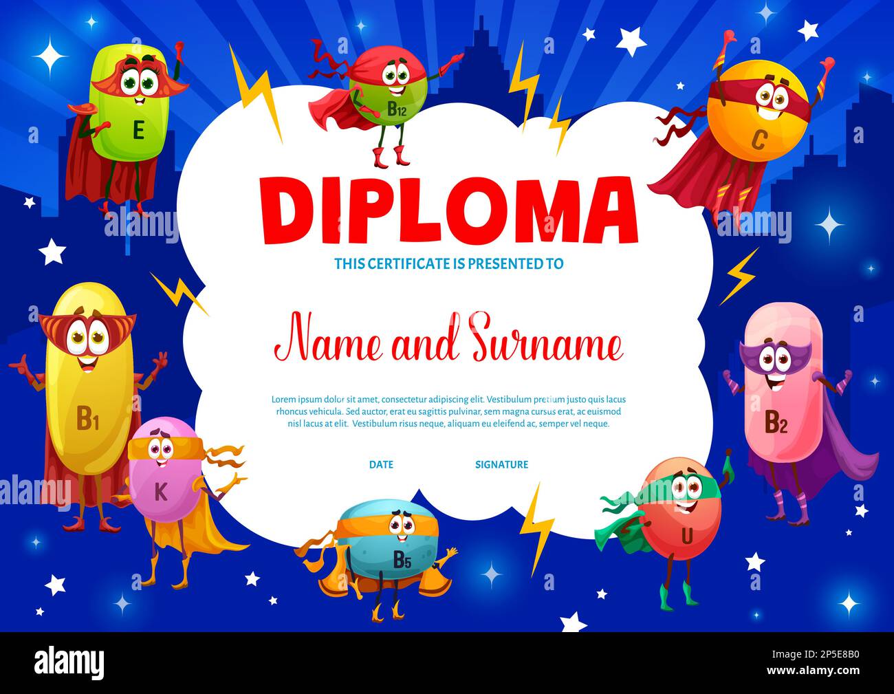 Kids diploma, cartoon superhero micronutrient vitamin characters vector ...
