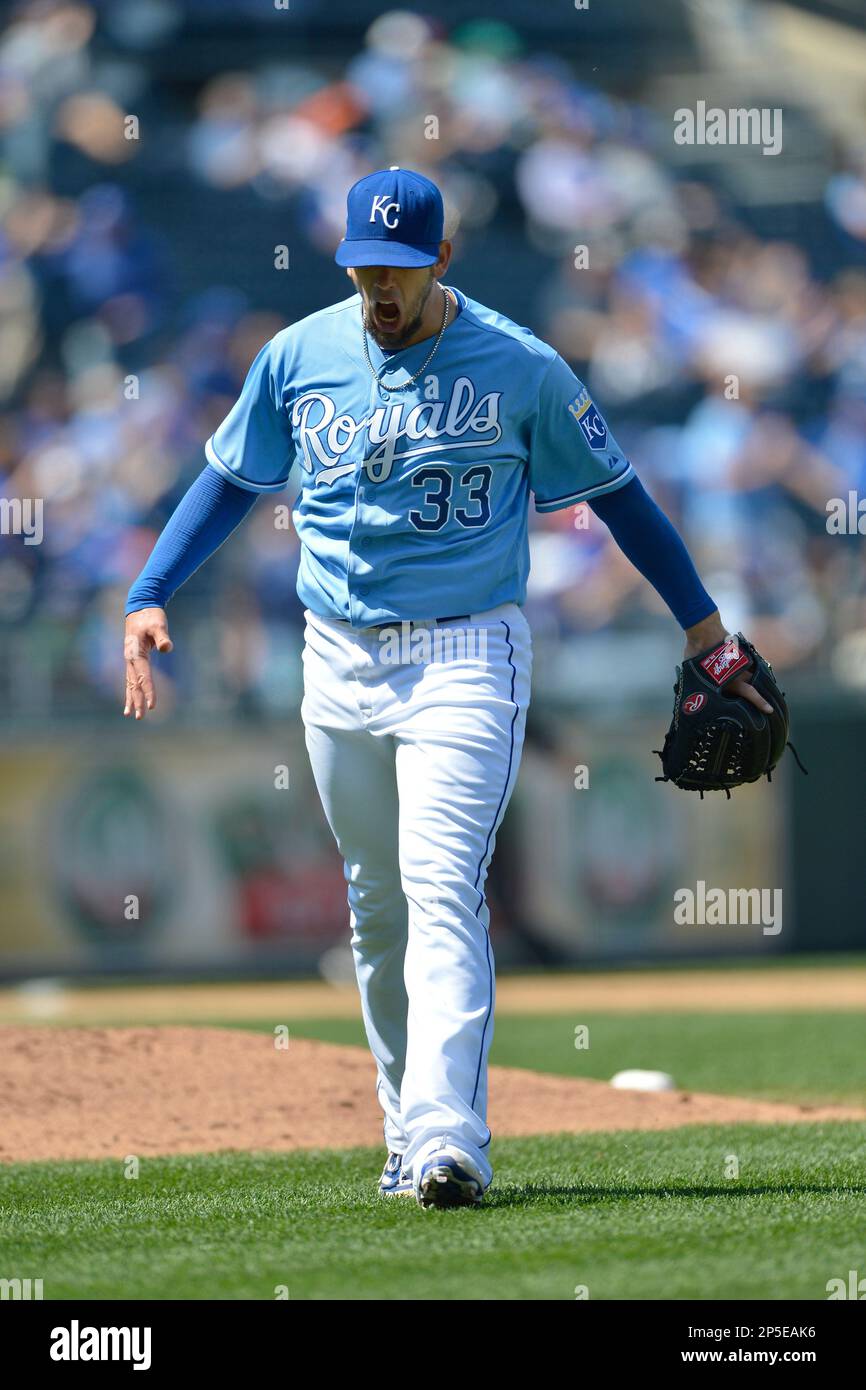 Kansas City Royals pitcher James Shields reacts after striking out a ...