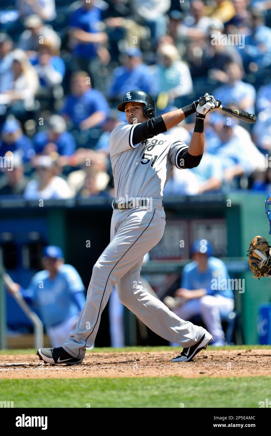 Chicago White Sox Alex Rios watches a hit during an at bat in a ...