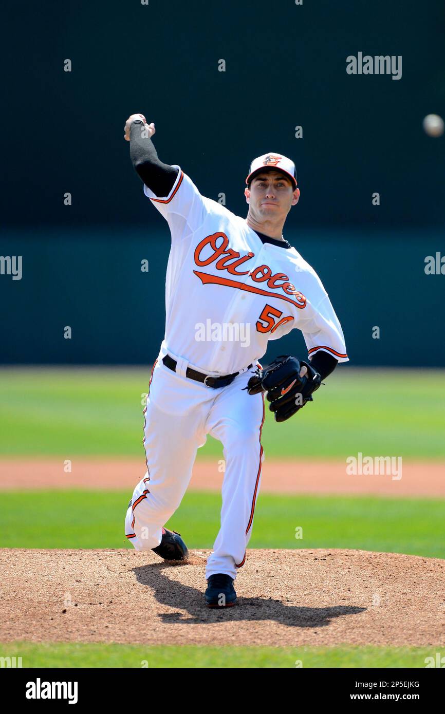 Baltimore Orioles pitcher Miguel Gonzalez #50 delives a pitch during a ...