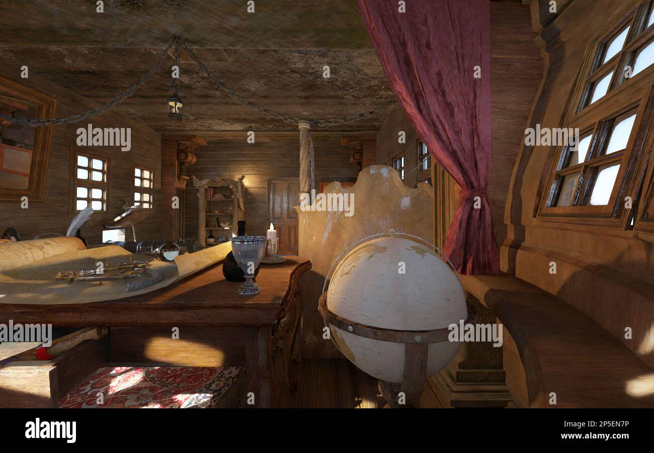 3D illustration old pirate ship cabin interior Stock Photo - Alamy