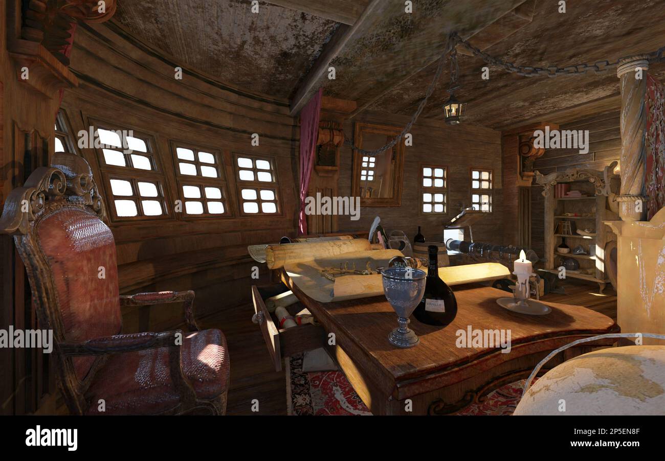 3D illustration old pirate ship cabin interior Stock Photo - Alamy