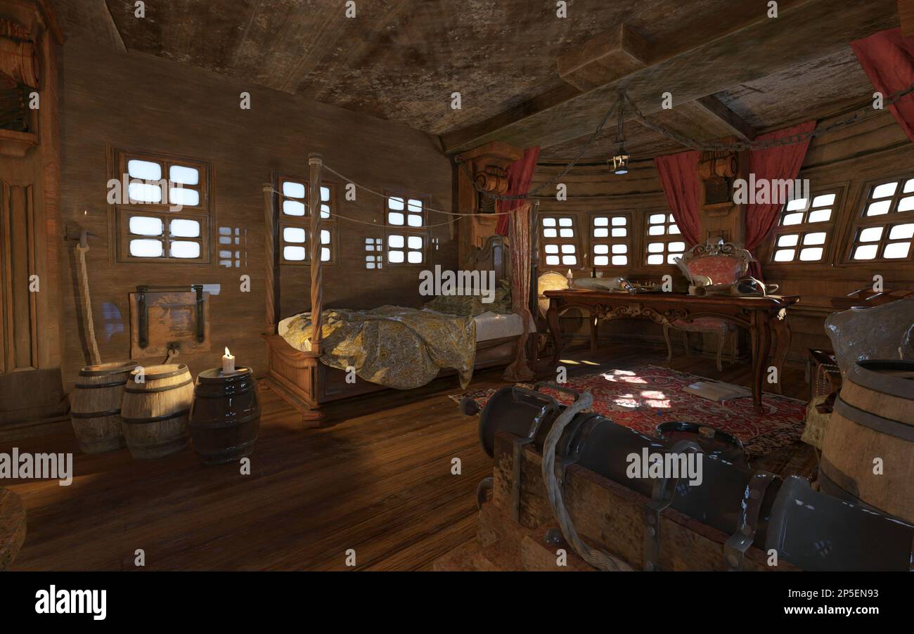 3D illustration old pirate ship cabin interior Stock Photo - Alamy