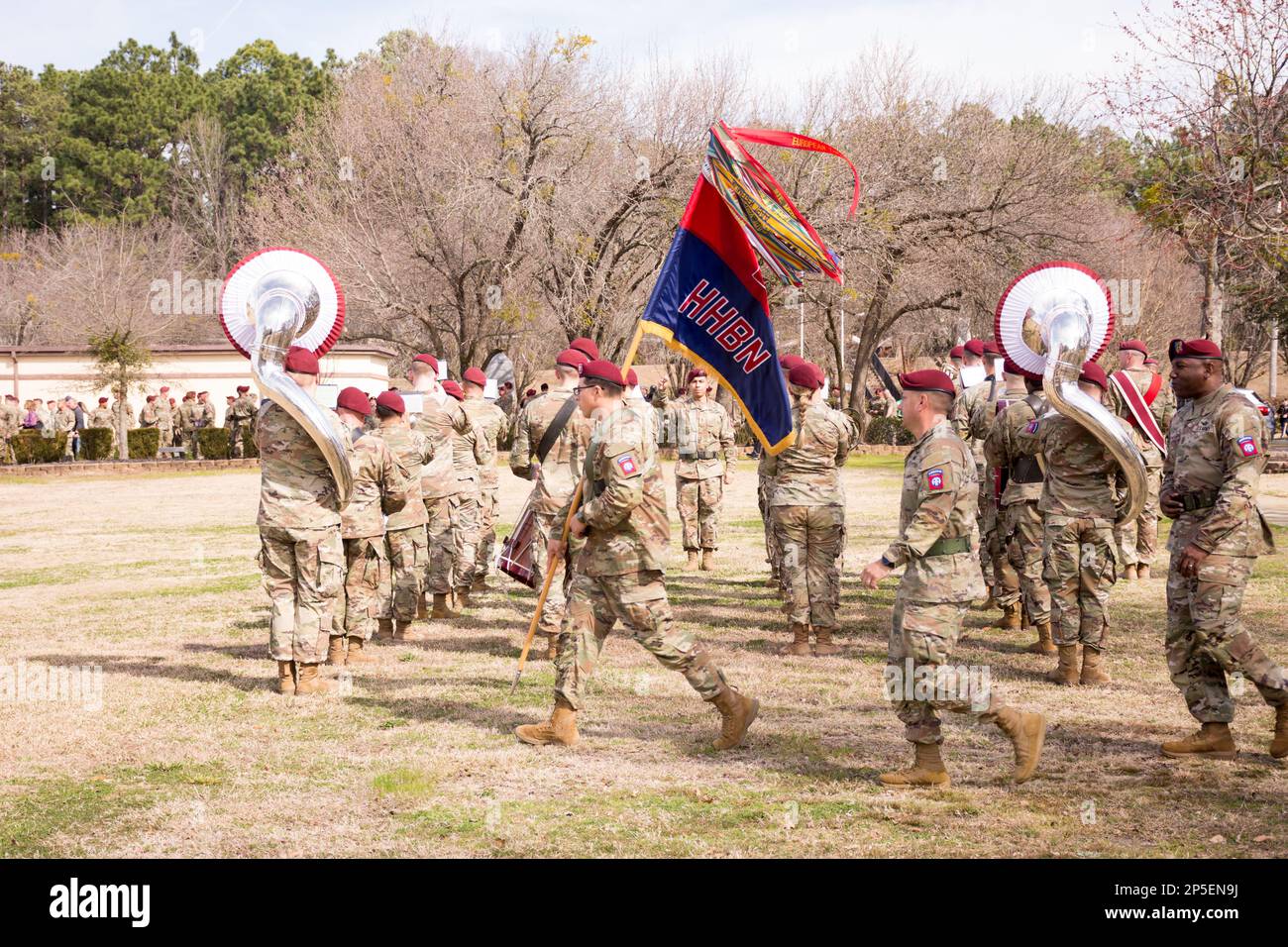 Flag bearers marching past the 82nd Airborne Ceremonial Band on Stang ...