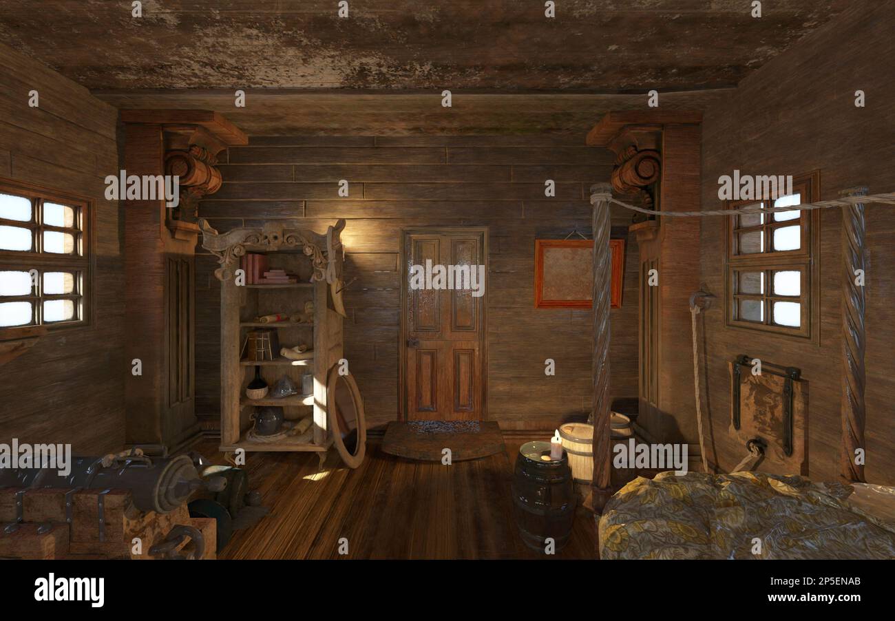 3D illustration old pirate ship cabin interior Stock Photo - Alamy