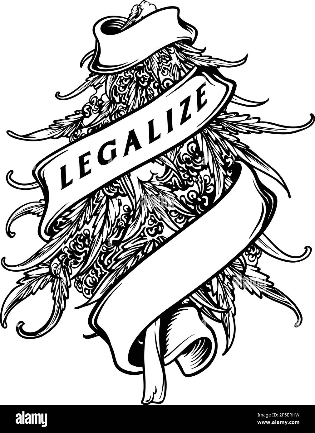 Weed leaf plant bud scroll ribbon ornament outline vector illustrations ...