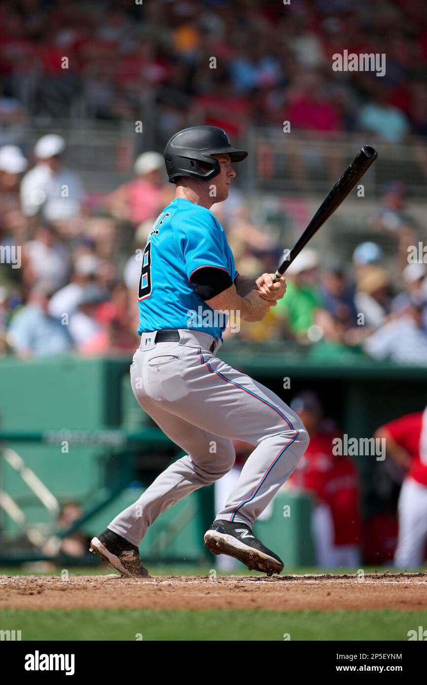 Miami Marlins Joey Wendle (18) bats during a spring training baseball ...