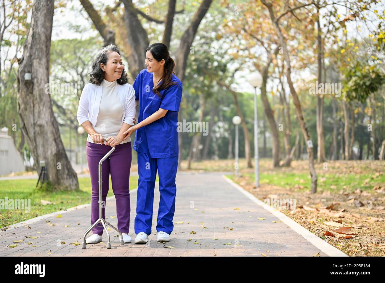 Smiling and caring Asian female caregiver assisting an old lady to walk ...