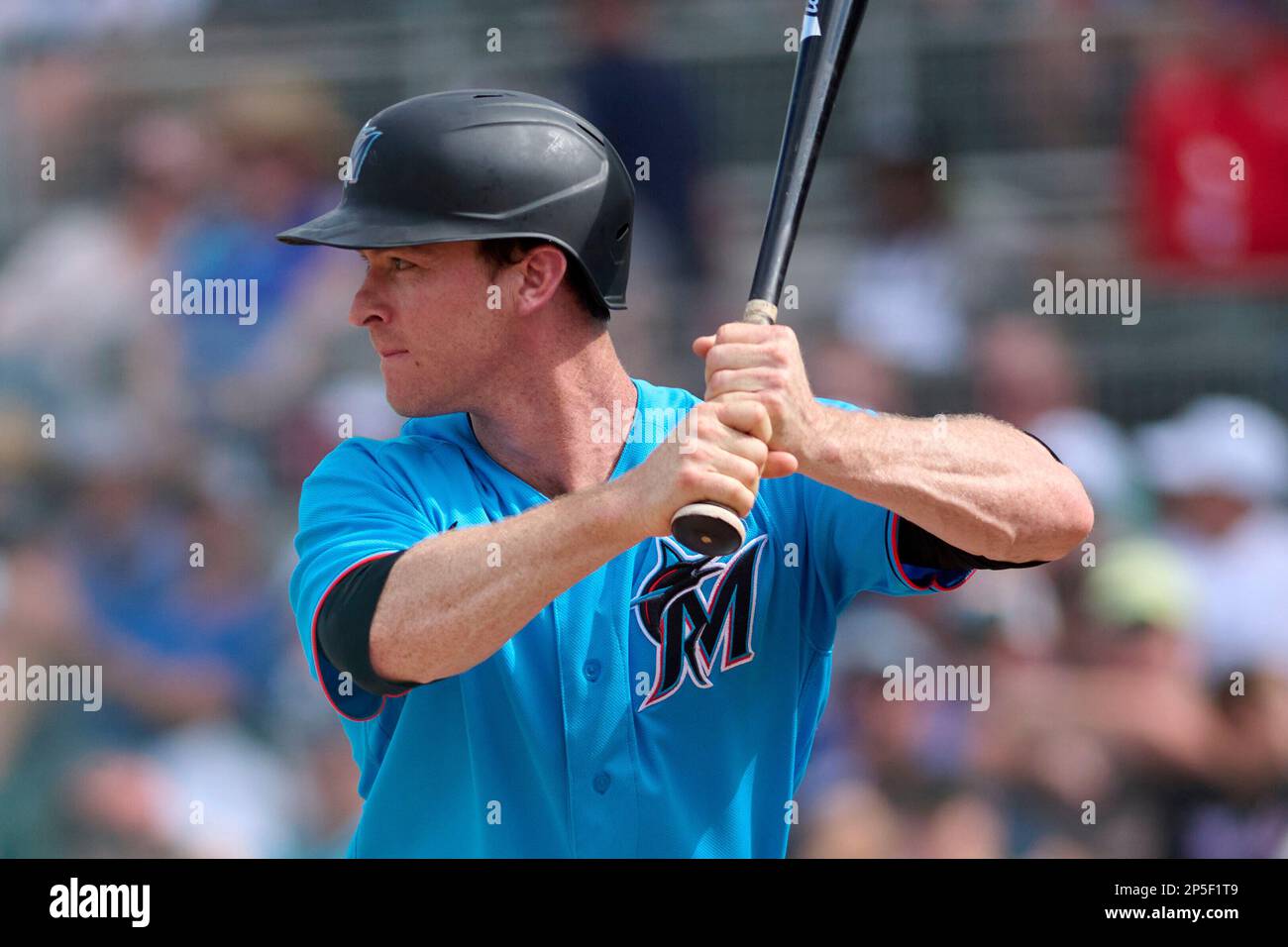 Miami Marlins Joey Wendle (18) bats during a spring training baseball ...