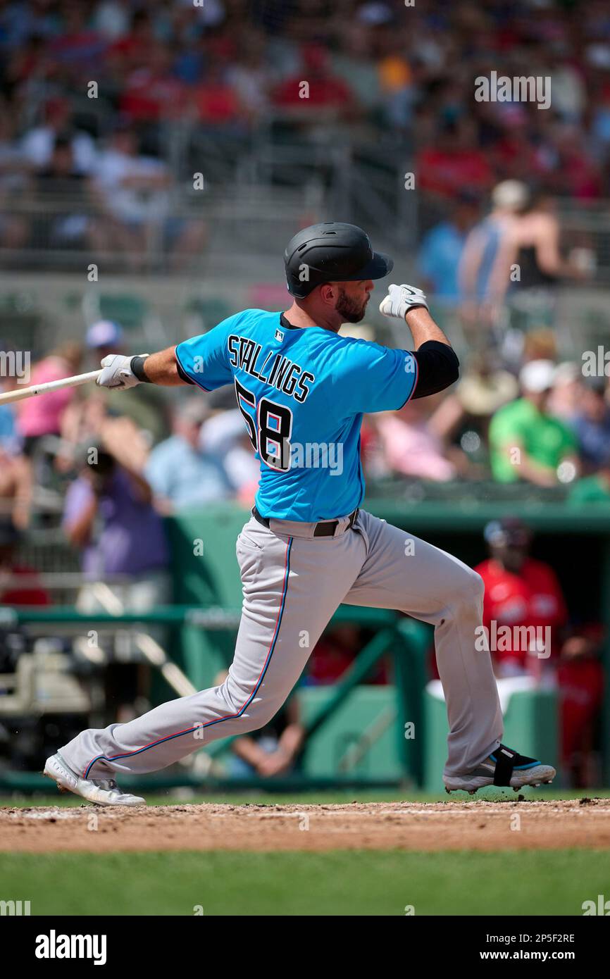 Miami Marlins Jacob Stallings (58) bats during a spring training baseball game against the ...
