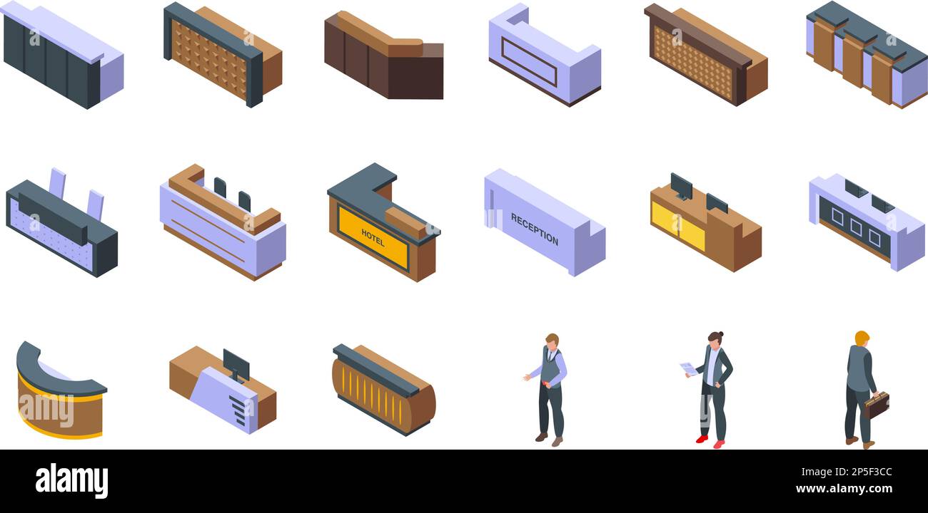 Hotel reception icons set isometric vector. Desk lobby. Service counter ...