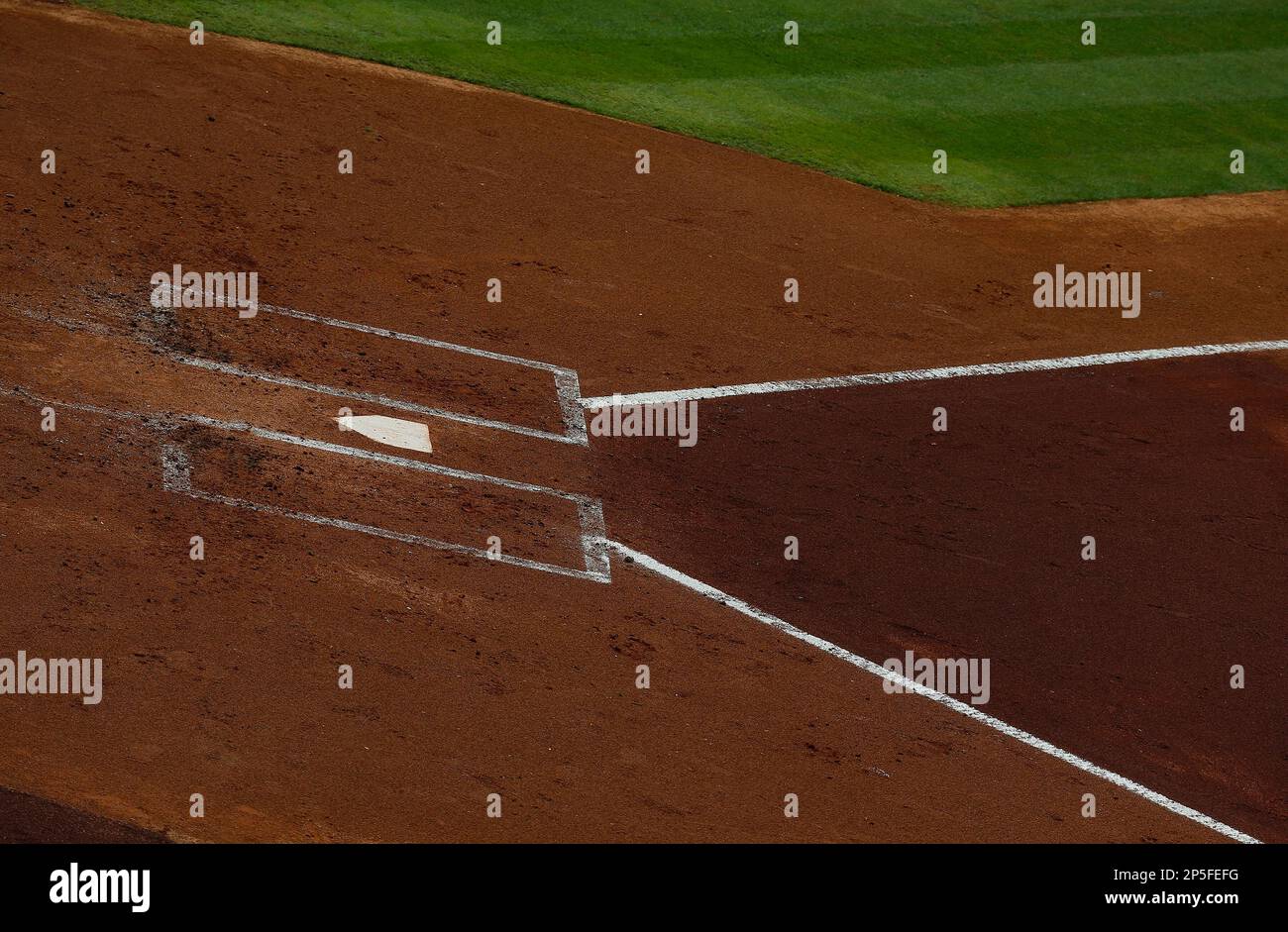 A general view of home plate, the batter's box along with the first and ...