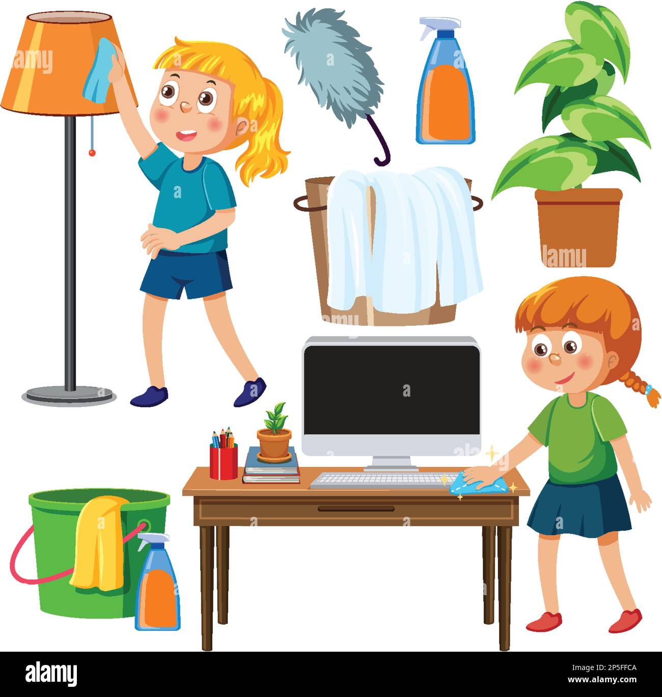 Set of children doing chores with household equipments illustration ...
