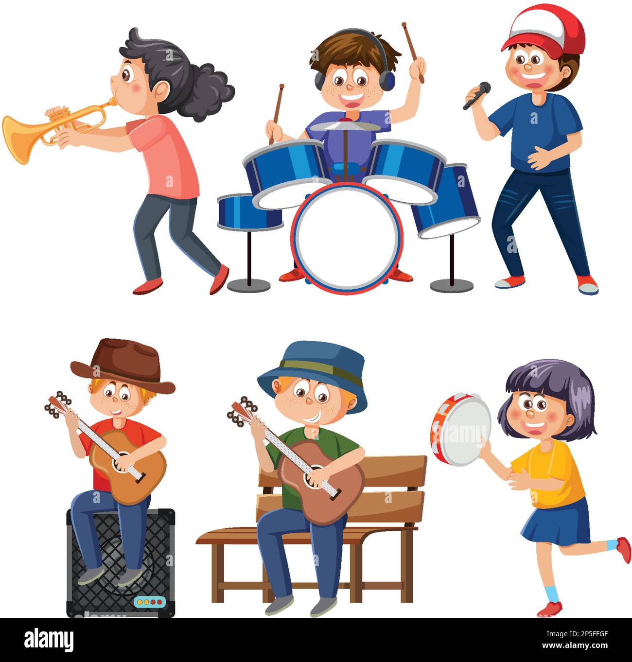 Set of cartoon kids character with music instruments illustration Stock ...