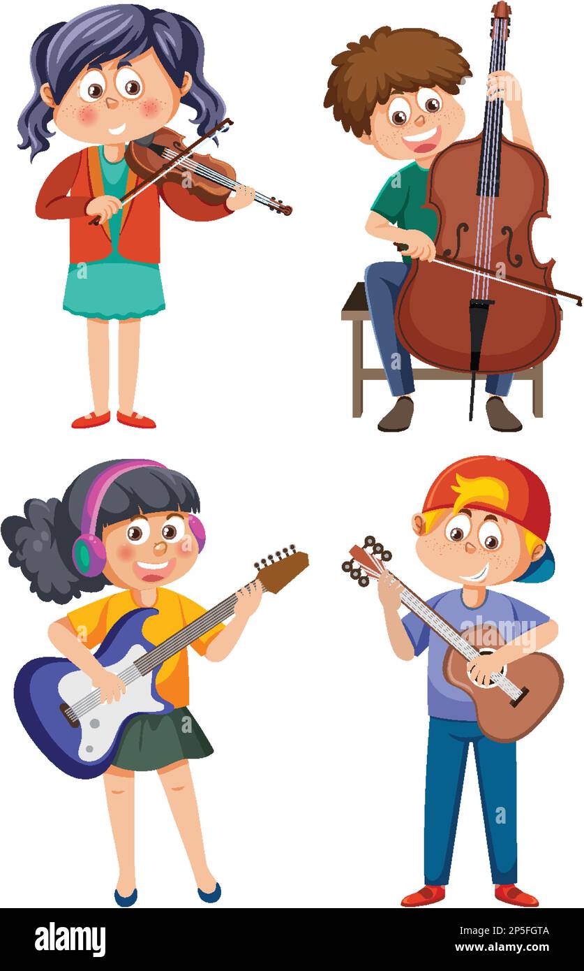 Set of cartoon kids character with music instruments illustration Stock ...