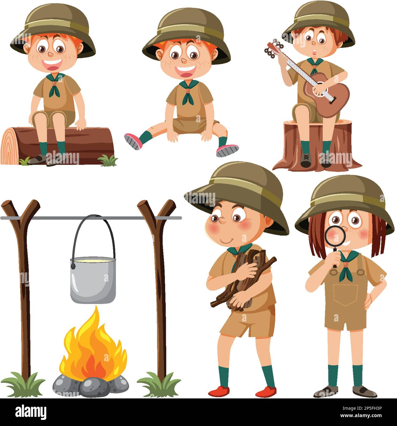 Set of camping kids cartoon character illustration Stock Vector Image ...