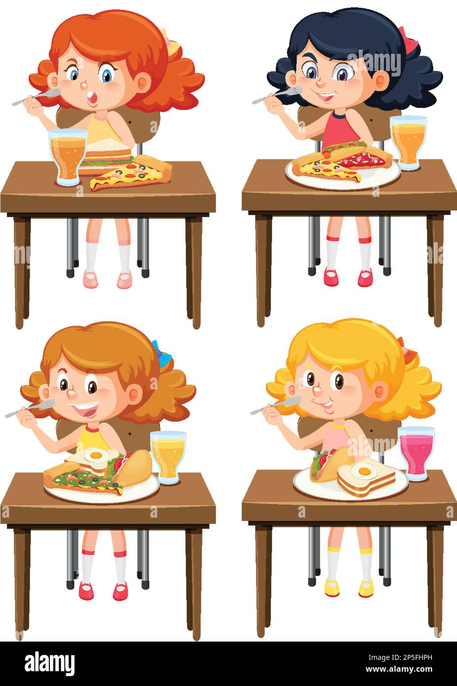 Set of children cartoon eating food on the table illustration Stock ...