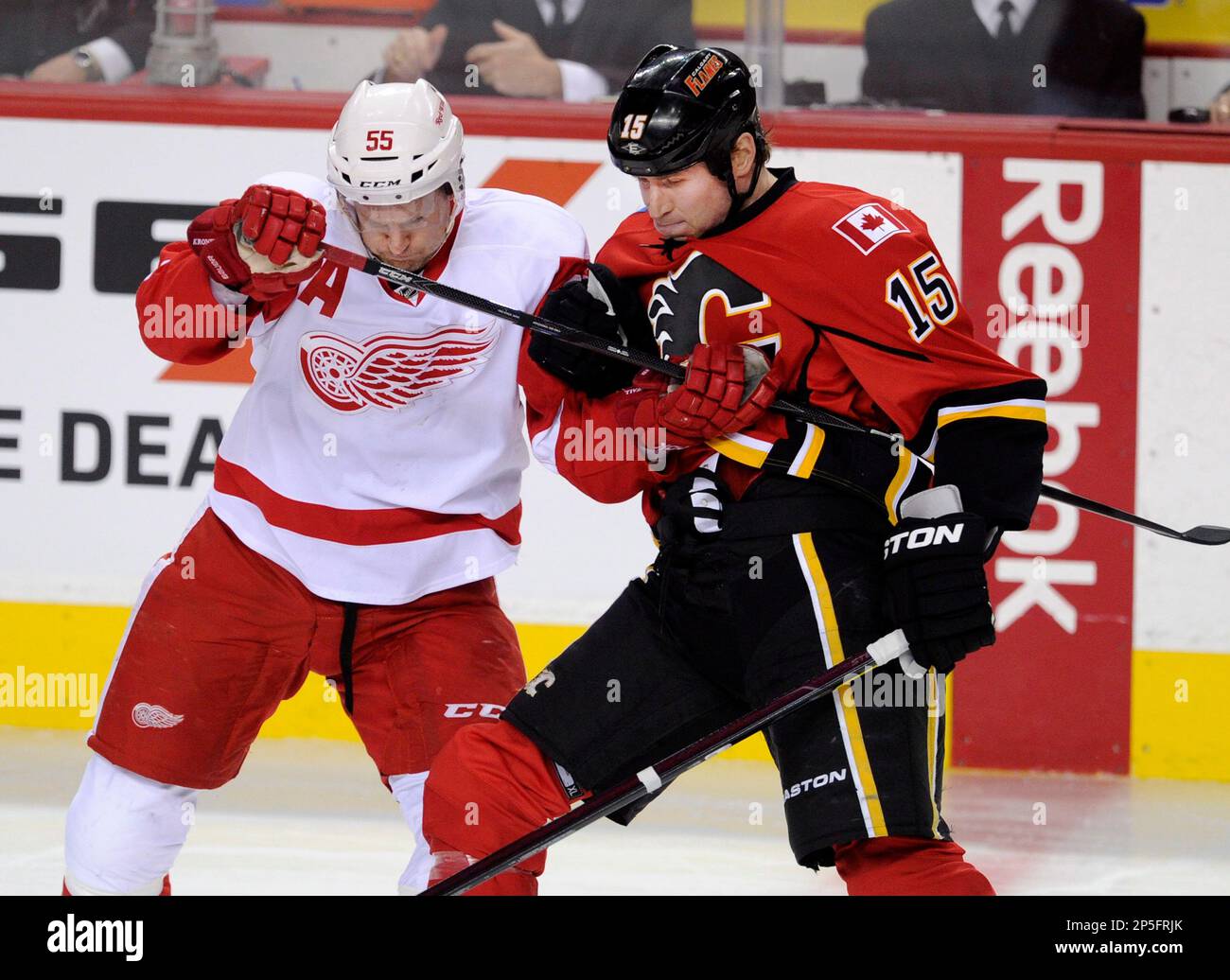 Detroit Red Wings' Niklas Kronwall, left, of Sweden, battles with ...