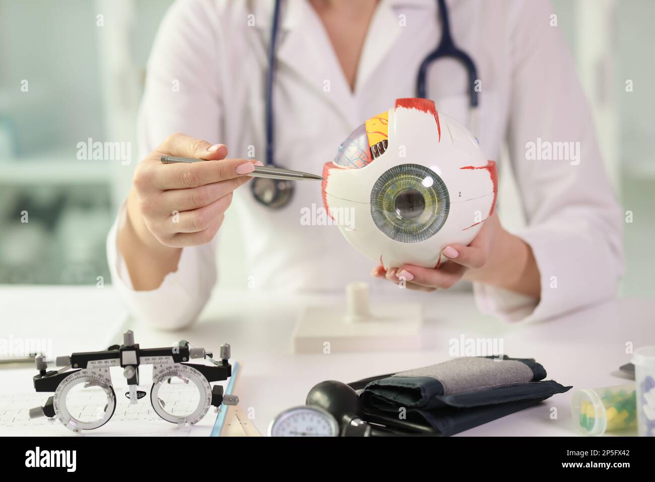 Female ophthalmologist shows an anatomical model of human eye while ...