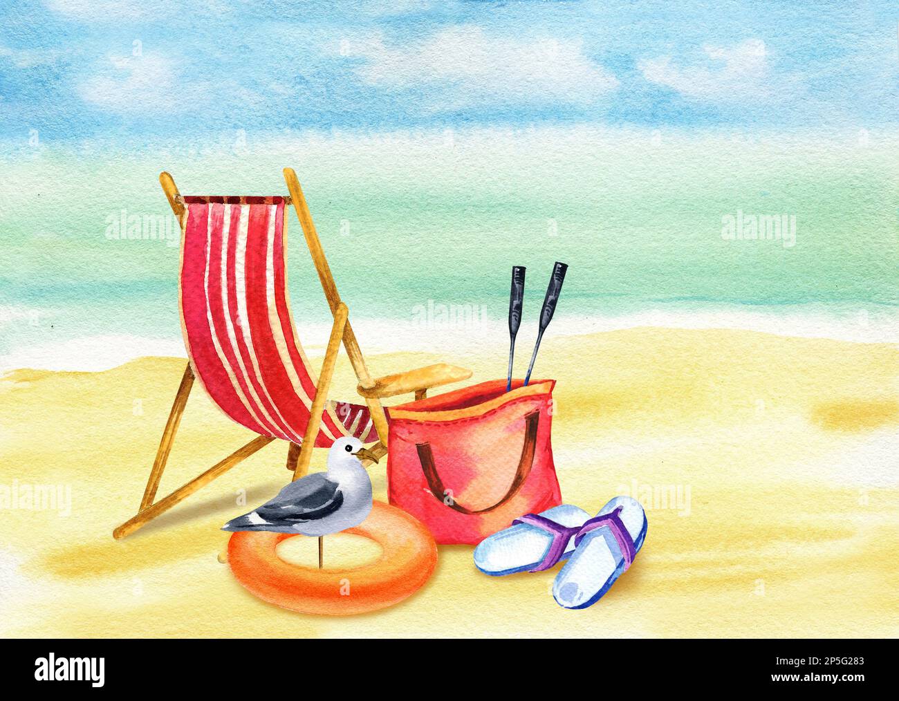 Watercolour seascape, beach with chaise longue, inflatable circle ...