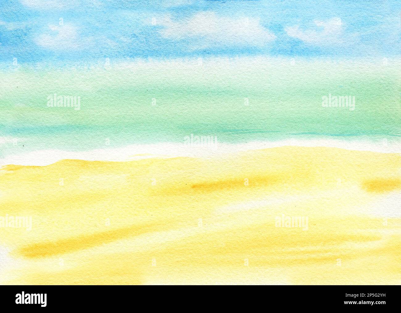 Watercolor seascape with sky, sea, clouds, yellow sand, coast. Hand ...