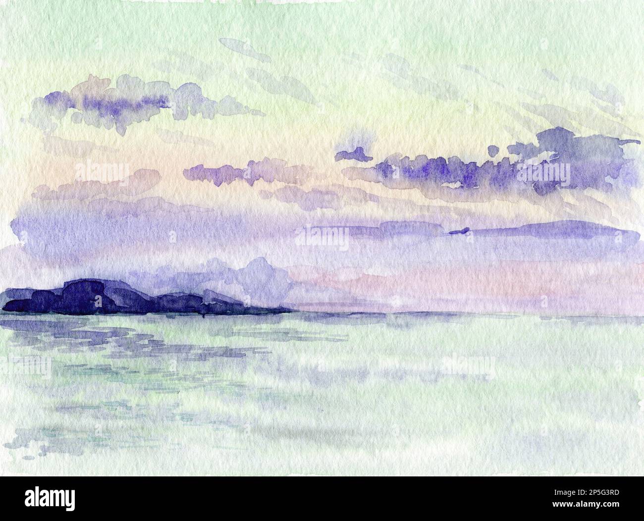 watercolor sunset on the sea, seascape, hand drawn illustration, sketch ...
