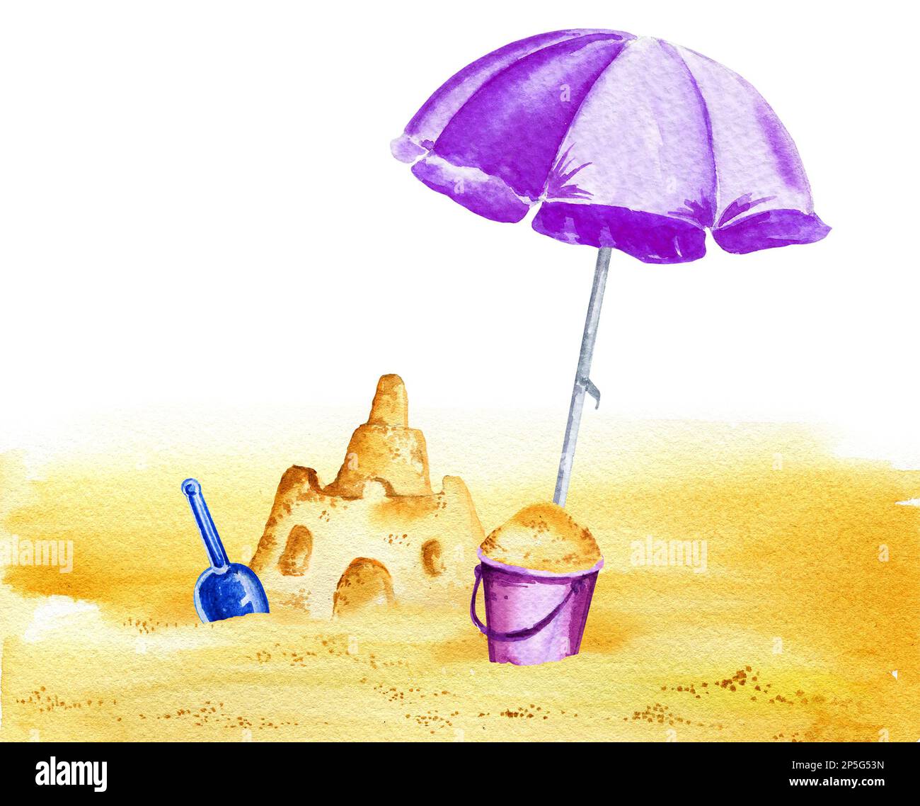 watercolour beach with sun umbrella, sand castle, hand darwn summer ...