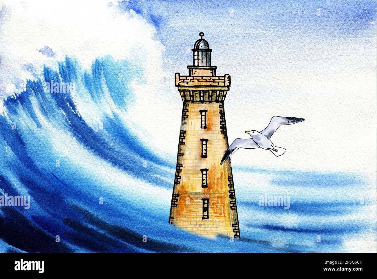 watercolour lighthouse in sea wave, seagull, dark blue ocean, hand ...