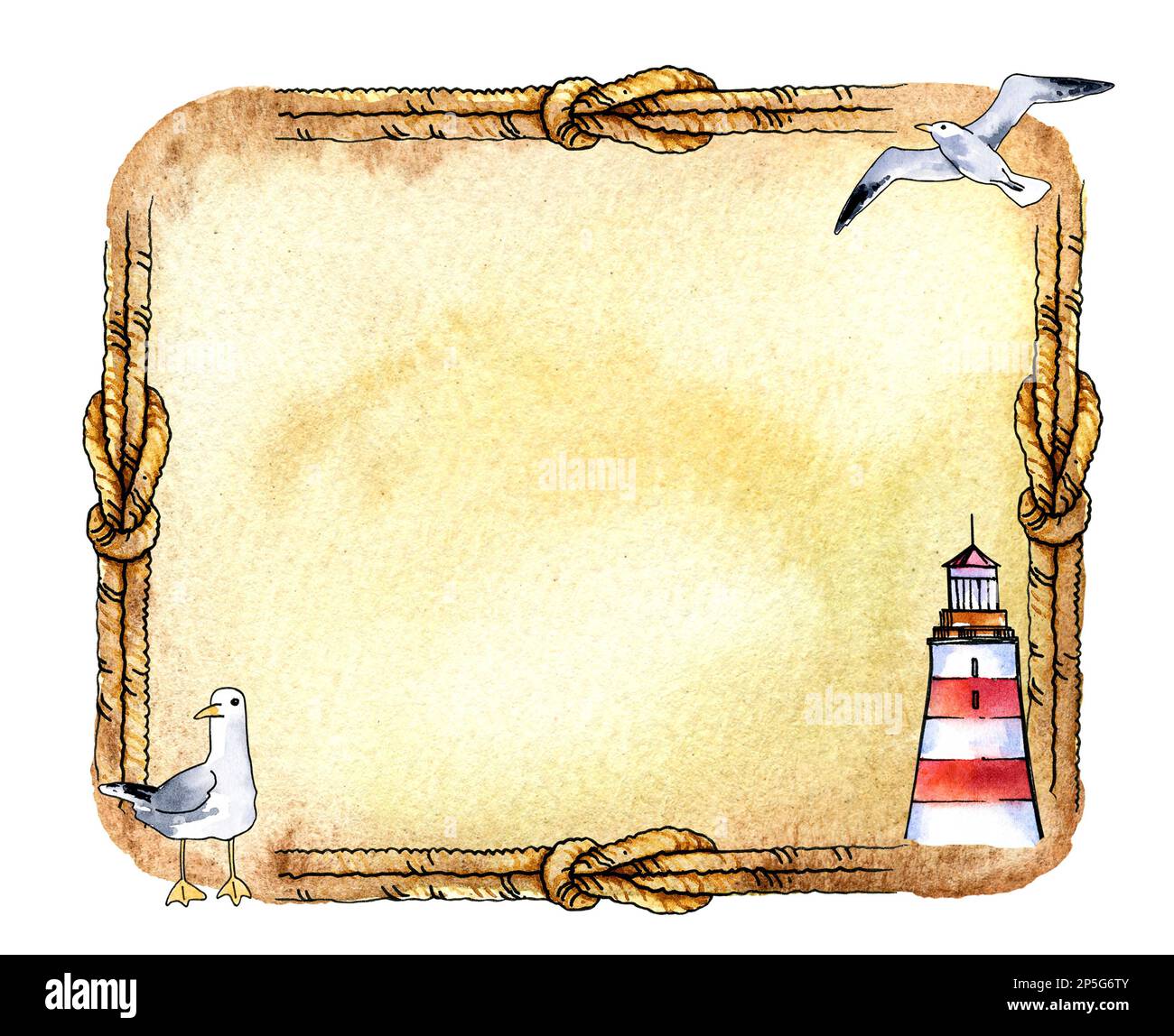 Textured watercolour border with cable, lighthouse, seabird and knot on ...