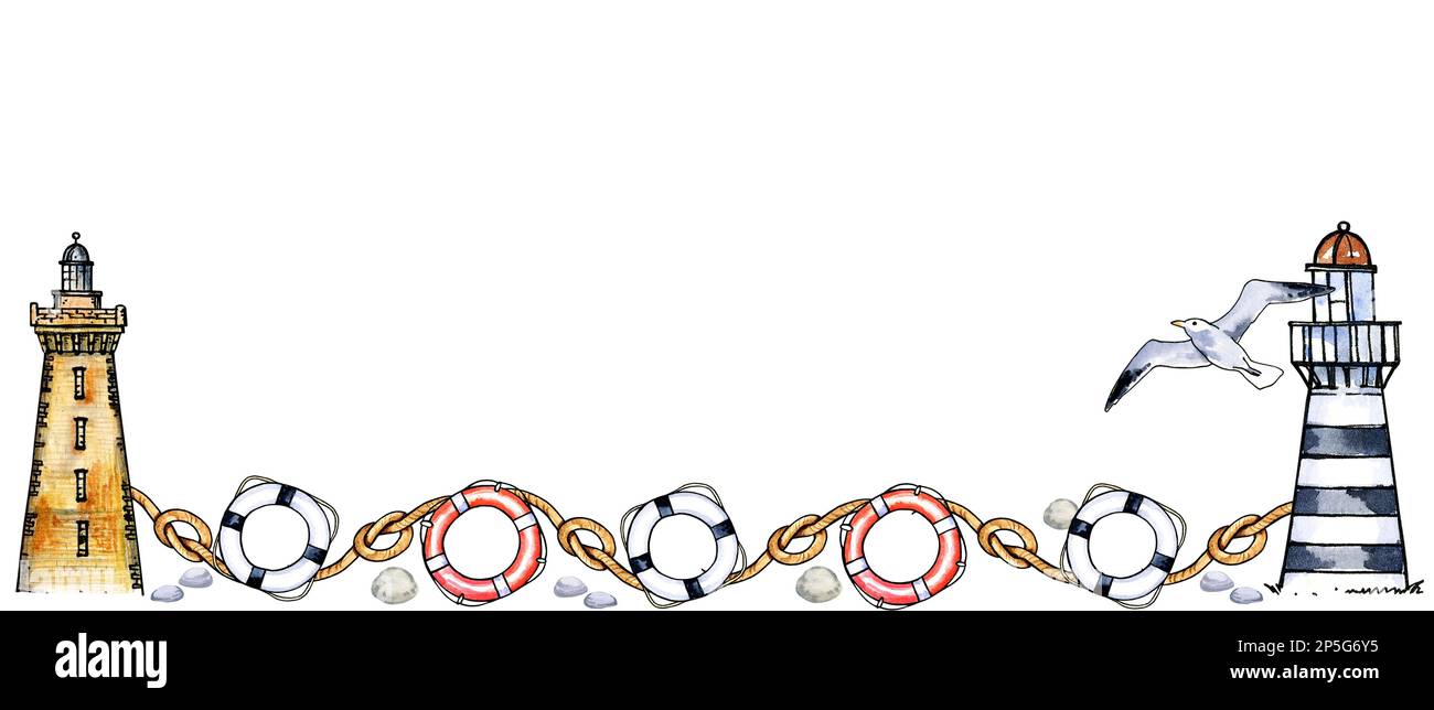 Watercolour border with lighthouse, seabird, lifesaver and knot on ...