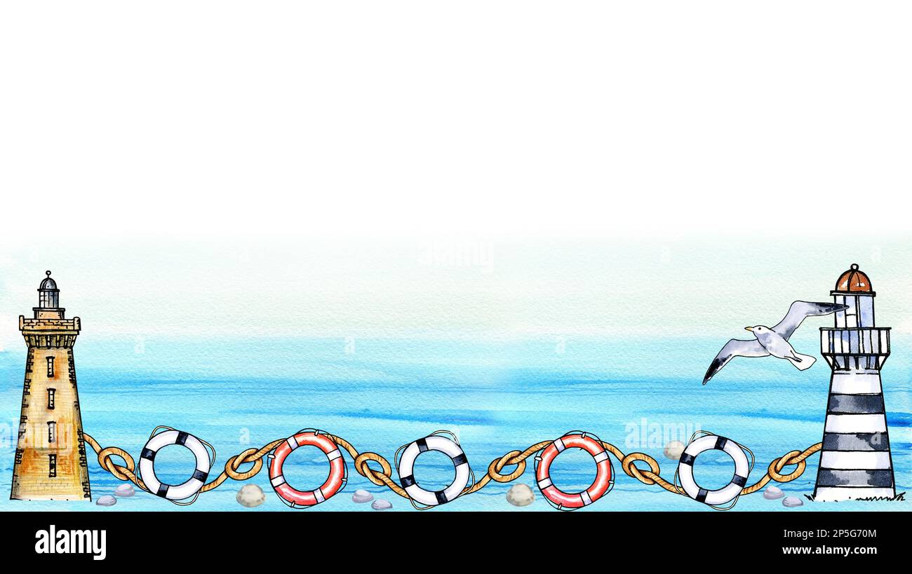 Watercolour border with lighthouse, seabird, lifesaver and knot on sea ...