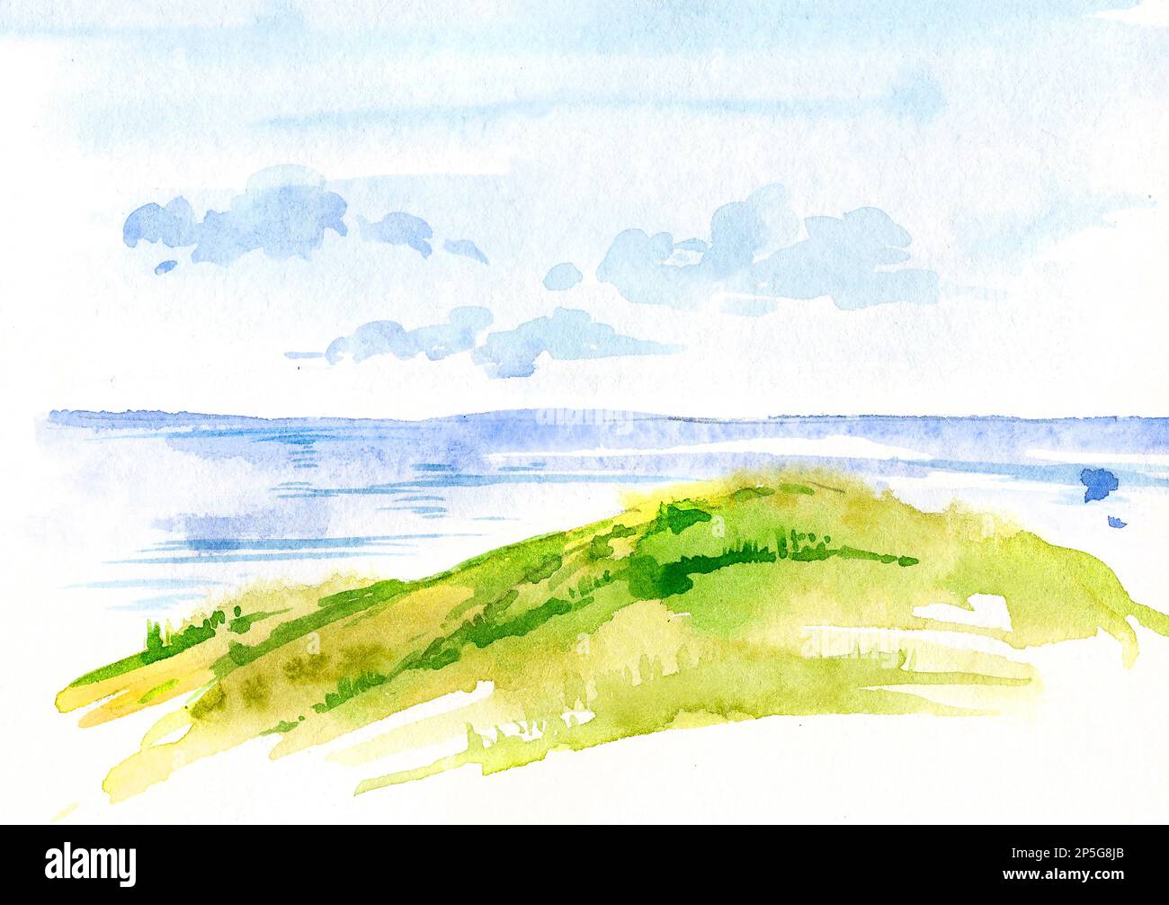 Watercolor illustration of sea, beach with grass and sky with clouds ...