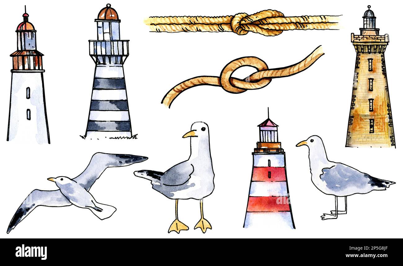 Sea set of lighthouses, seagulls, knots. Watercolor illustration. Hand ...