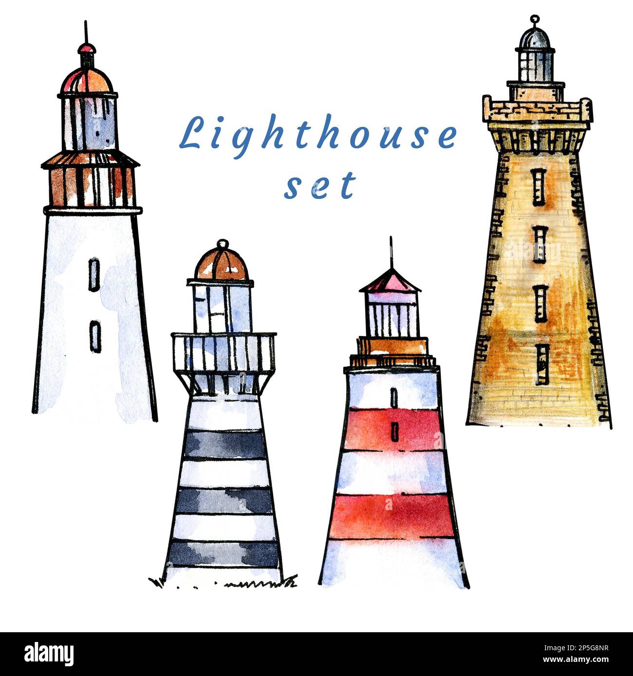 Set of lighthouses. Watercolor illustration. Hand draw scetch. Ideally ...