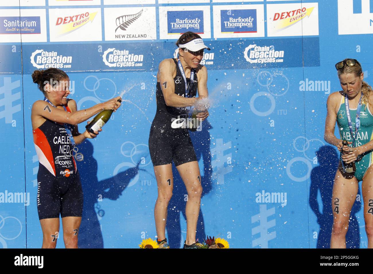 On the podium, from left to right, Maaike Caelers, of The Netherlands ...