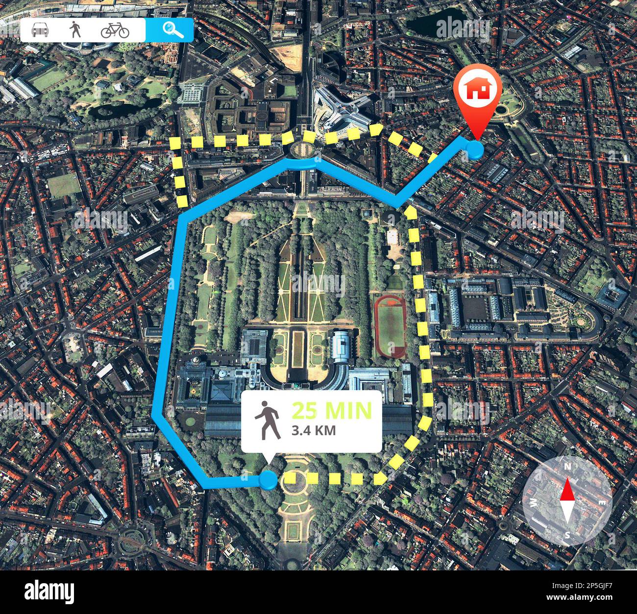 Get there on foot. Cropped image of a city satellite map with different ...
