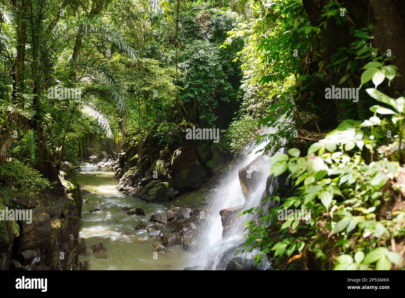Idyllic shot of Kanto Lampo waterfall on Bali which flows into a river ...