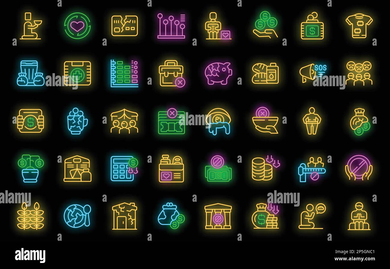 Poverty icons set outline vector. Volunteer charity. Donate help neon ...