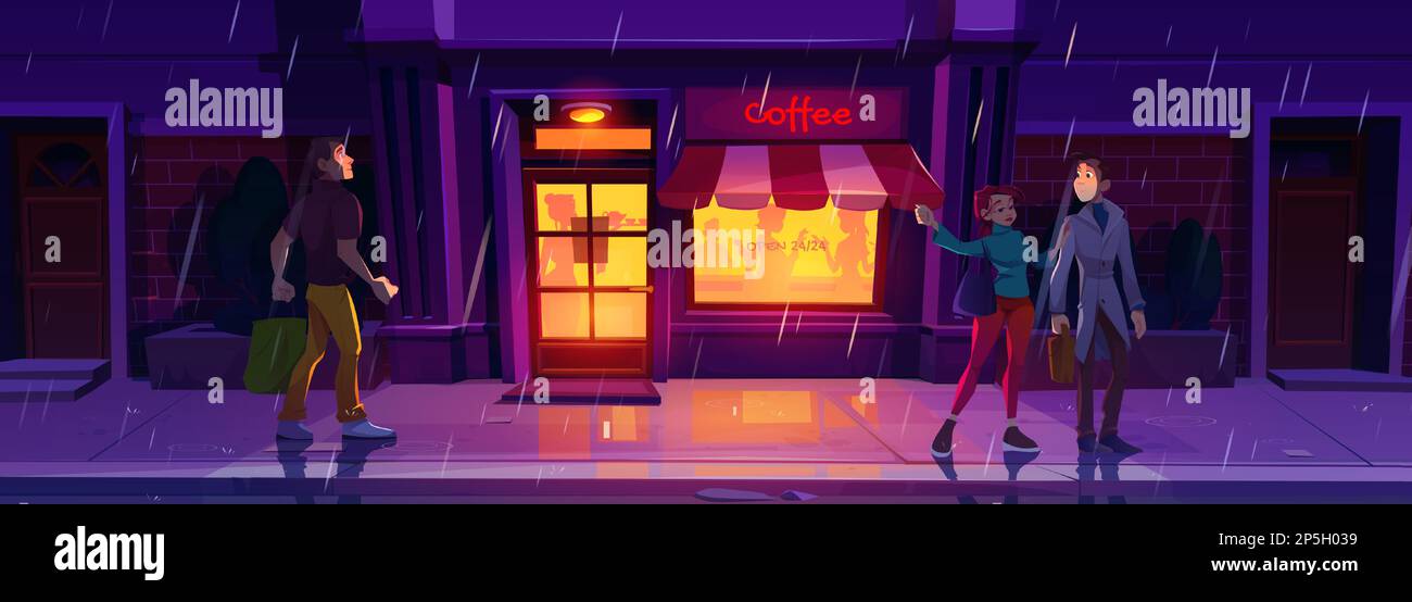 Night street bar in rain and man go to entrance cartoon background ...