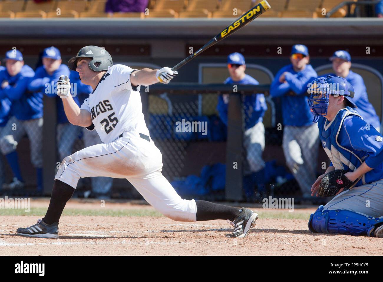 Western Michigan's Vinnie Booker swings at a Buffalo pitch during a ...